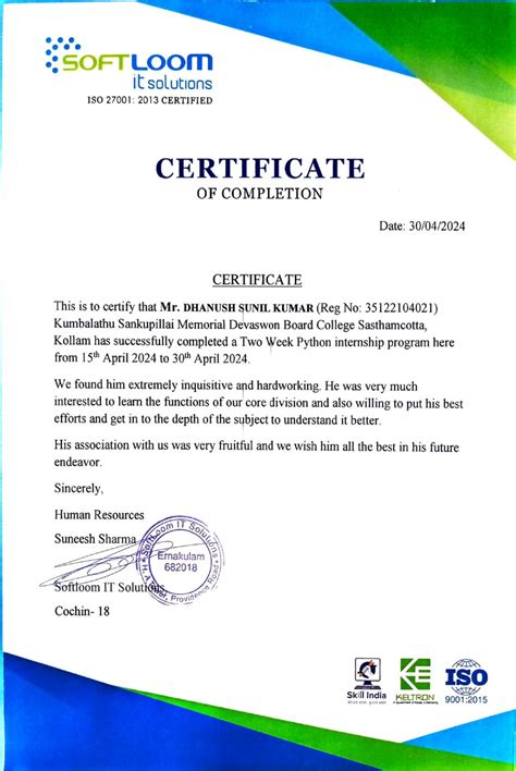 My First Internship Certificate For Python Internship Dhanush Sunil Kumar