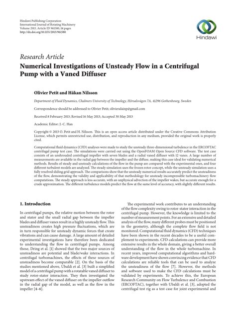 Pdf Numerical Investigations Of Unsteady Flow In A Centrifugal Pump