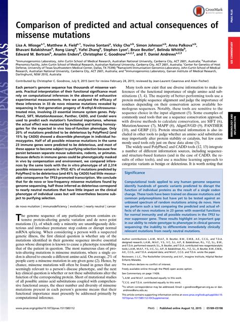 Pdf Comparison Of Predicted And Actual Consequences Of Missense Mutations