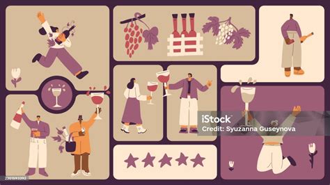 와인 클럽 도시락 격자 상자 배경에 음료를 시음하는 사람들 모듈식 모자이크 그리드에 대한 평가 이벤트 알코올 음료와 함께 파티 와인잔을 든 여성과 남성이 포도밭을 방문합니다