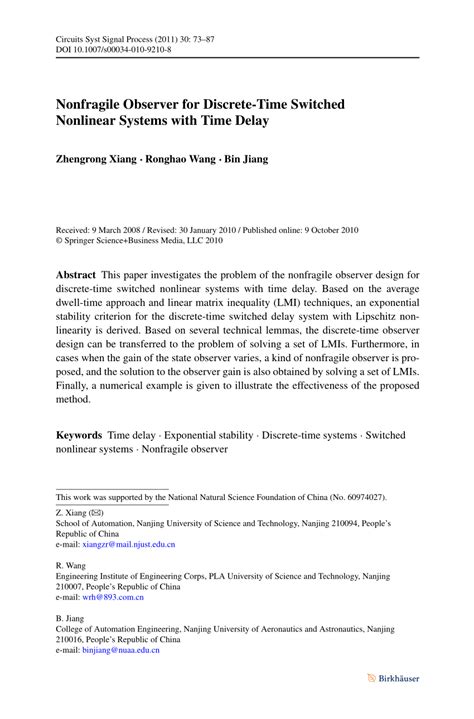 Pdf Nonfragile Observer For Discrete Time Switched Nonlinear Systems With Time Delay