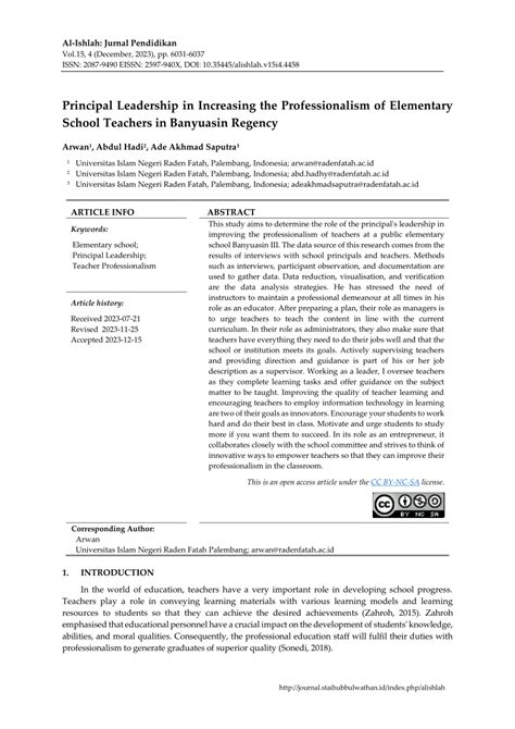 Pdf Principal Leadership In Increasing The Professionalism Of Elementary School Teachers In