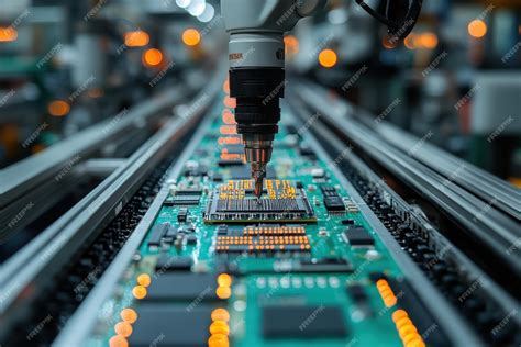 Robotic Arm Assembling Circuit Board In Factory Premium Ai Generated