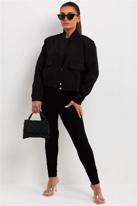 Womens Crop Bomber Jacket Black Zara Inspired Uk
