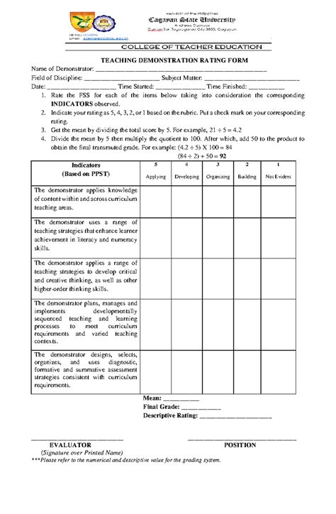 Ppst Demo Teaching Rating Sheet For Evaluation And Grading Studocu