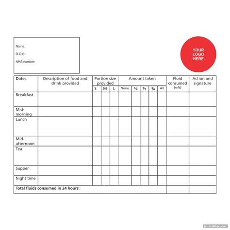 Printable Fluid Intake Chart Template