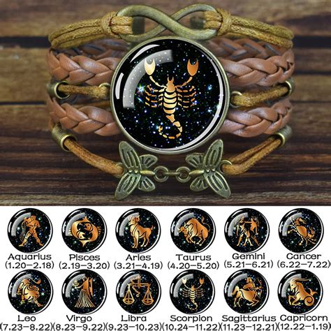 패션 12 조디악 로그인 갈색 가죽 팔찌 전갈 자리 레오 양자리 크리스탈 유리 돔 별자리 팔찌 생일 쥬얼리체인 And 링크 팔찌 Aliexpress