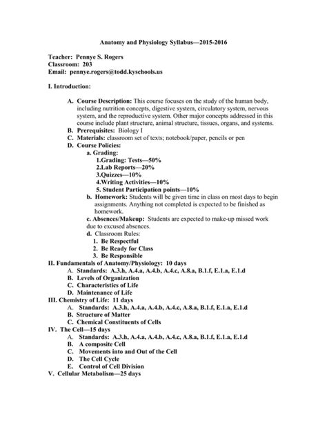 Anatomy And Physiology Syllabus 2015