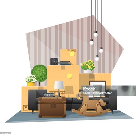 골 판지 상자와 새로운 생활 벡터 일러스트 레이 션 가구 이동 홈 개념 배경 가구에 대한 스톡 벡터 아트 및 기타 이미지