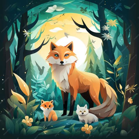 Premium Vector An Illustration Of A Fox And Two Cats In The Forest