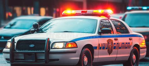 Police Car With Flashing Lights On City Street Law Enforcement