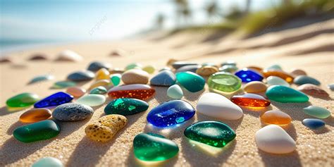 Colorful Sea Glass And Pebbles On Sunlit Sandy Beach Background Sea