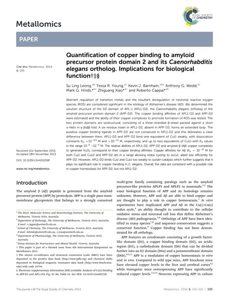 Pdf Quantification Of Copper Binding To Amyloid Precursor Protein