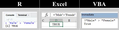 Why Is Male Female Equal To True In R Excel And Vba How About In Other Languages Stack
