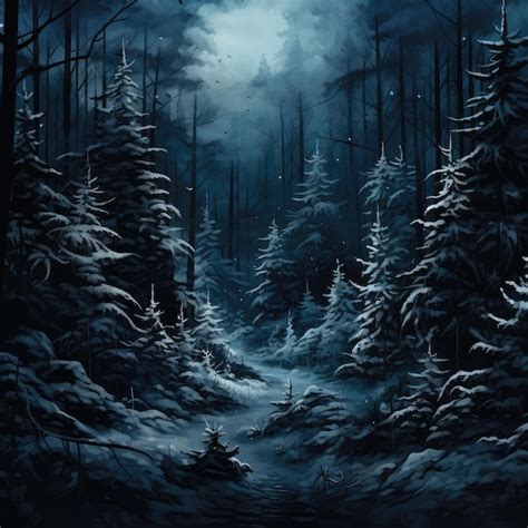 Snowy Forest At Night Premium Ai Generated Image