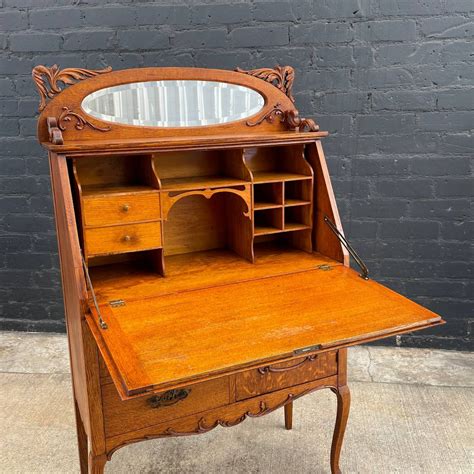 American Antique Oak Secretary Desk With Mirror C1960s Vintage Supply