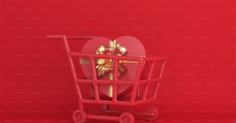 해피 발렌타인 데이 하트 모양의 선물 상자 쇼핑 트롤리 카트 빨간색 배경에 골드 리본 인사말 카드 플랫 레이 배너 레이아웃 복사 공간 텍스트 영역 3d