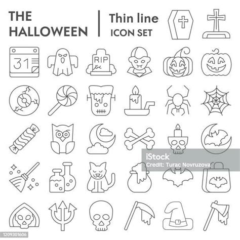 할로윈 얇은 라인 아이콘 세트입니다 파티 기호 컬렉션 벡터 스케치 로고 일러스트 레이션 웹 표지판 흰색 배경에 격리 된 윤곽 선 스타일 픽토그램 패키지 개체 그룹에 대한
