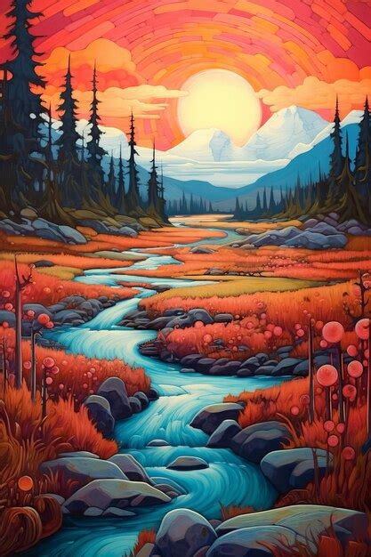 Premium Ai Image An Alien Landscape With Red Grass And A River