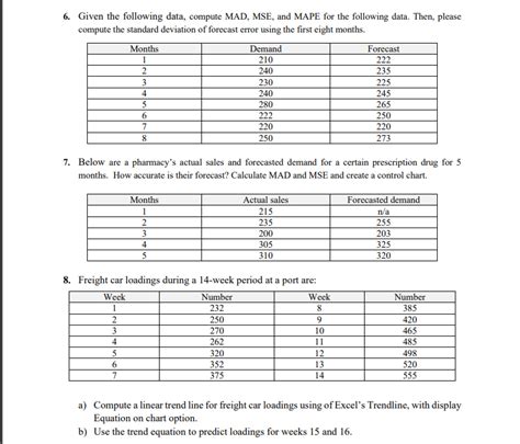 Solved 6 Given The Following Data Compute Mad Mse And