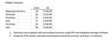 Solved Widget Company 1 Calculate Cost Of Goods Sold And