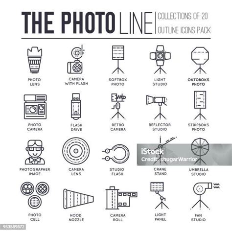 사진 작가 선 아이콘 디자인 그림 세트의 장비 플랫 개요 사진 스튜디오 항목 개념입니다 벡터 카메라 렌즈 및 다른 직원 선형 배경 Usb 메모리에 대한 스톡 벡터 아트 및