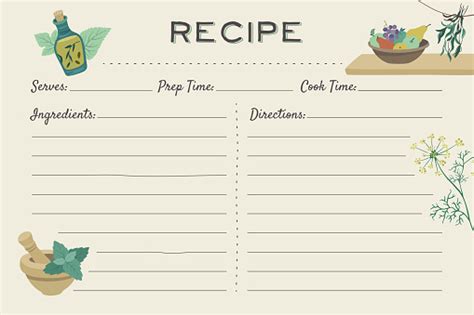 레시피 카드 템플릿 올리브 오일 과일 허브 레트로 요리책이 늘어선 빈 시트 텍스트 복사 공간 0명에 대한 스톡 벡터 아트 및 기타 이미지 Istock