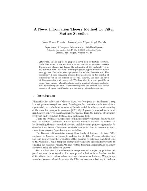 Pdf A Novel Information Theory Method For Filter Feature Selection