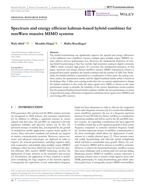 Pdf Spectrum And Energy Efficient Kalman‐based Hybrid Combiner For Mmwave Massive Mimo Systems