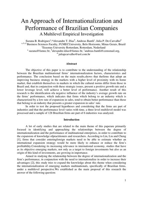 Pdf An Approach Of Internationalization And Performance Of Brazilian