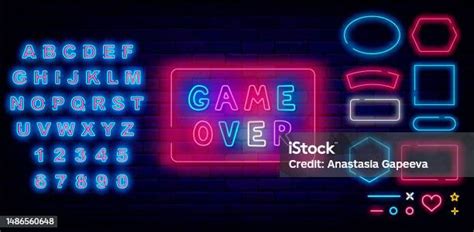 네온 라벨을 통한 게임 다채로운 손으로 쓴 텍스트입니다 프레임이 설정되었습니다 손실 비문 빛나는 광고 벡터 그림 1920년대 아가씨에 대한 스톡 벡터 아트 및 기타 이미지