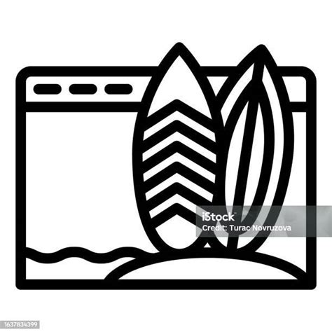 바다 서핑 랜딩 페이지 라인 아이콘입니다 서핑 보드와 바다가 있는 웹사이트 브라우저 벡터 디자인 개념 윤곽선 스타일 픽토그램 흰색 사용 및 앱 Eps 10 개념에 대한 스톡