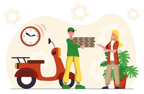 음식 배달 음식 배달 남자는 스쿠터에 여자에 피자를 가져왔다 오토바이에 대한 스톡 벡터 아트 및 기타 이미지 오토바이 격리 레스토랑 Istock