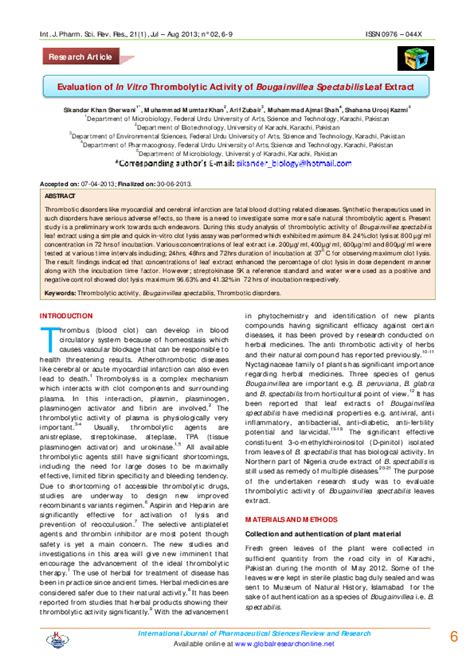 Pdf Evaluation Of Thrombolytic Activity Of Bougainvillea Spectabilis Leaf Extract