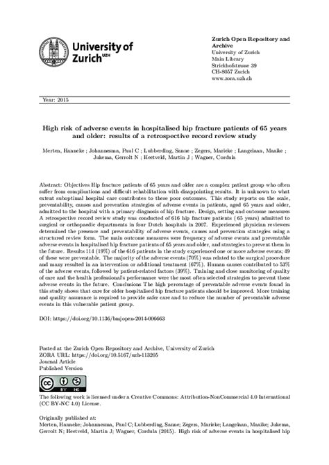 Pdf High Risk Of Adverse Events In Hospitalised Hip Fracture Patients Of 65 Years And Older