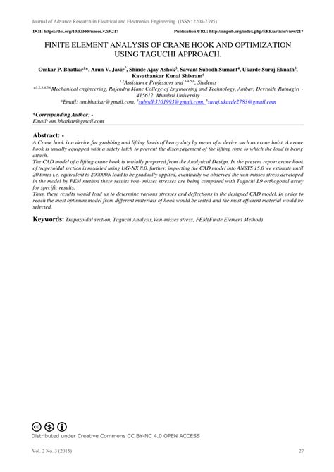 Pdf Finite Element Analysis Of Crane Hook And Optimization Using