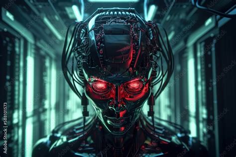 Evil Ai Face In Data Center Danger Of Strong Artificial Intelligence