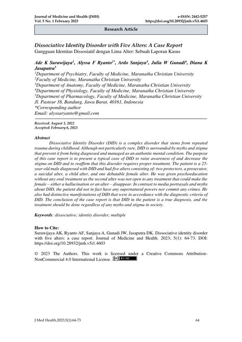 Pdf Dissociative Identity Disorder With Five Alters A Case Report