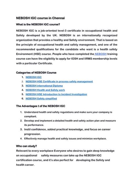Nebosh Igc Course In Chennai Pdf