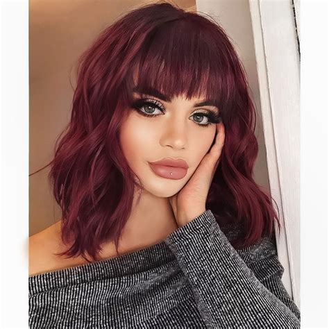 Aisi Hair Curly Bob Wig With Bangs Short Wavy Wine Red Color Wigs For
