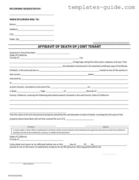 Fill Out Your California Death Of A Joint Tenant Affidavit Template