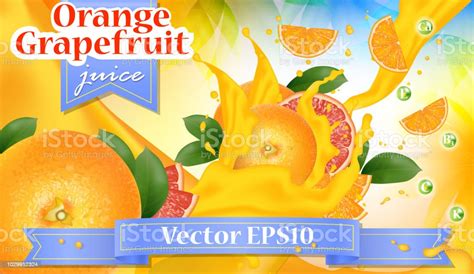 오렌지와 자 몽 주스 광고입니다 Splashing 맛있게 잘라 진된 과일입니다 현실적인 3d 패키지 디자인을 시작 광고 템플릿