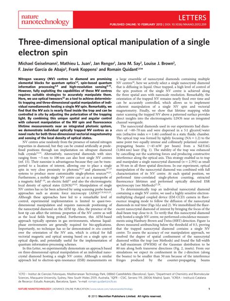 Pdf Three Dimensional Optical Manipulation Of A Single Electron Spin