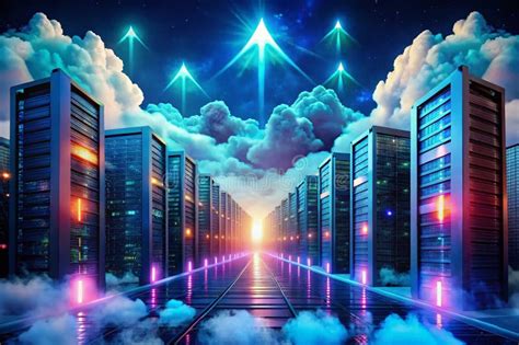 Nighttime Data Growth Visualization Pastel Clouds And Server Farm Illustrate Exponential