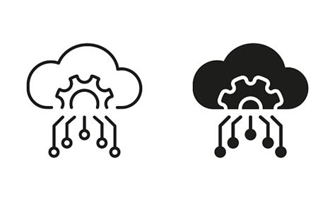 클라우드 컴퓨팅 구성 라인 및 실루엣 아이콘 세트 클라우드 서버 설정 픽토그램 기어가 있는 디지털 클라우드 구성 기호 컬렉션 격리된 벡터 그림 클라우드 컴퓨팅에 대한 스톡
