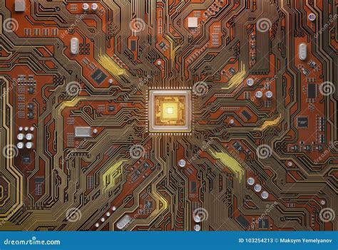 Circuit Board With CPU Motherboard System Chip With Glowing Pr Stock Illustration