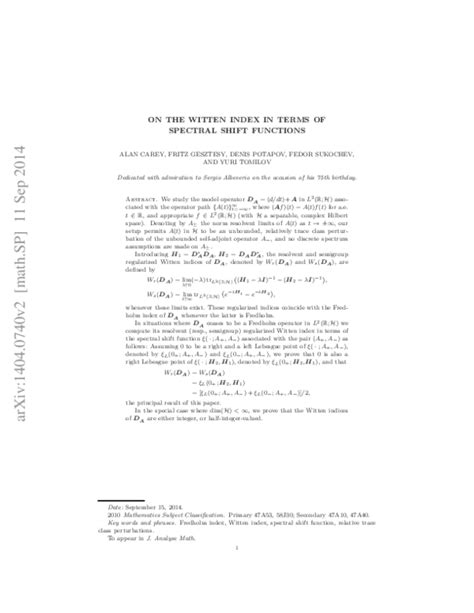 Pdf On The Witten Index In Terms Of Spectral Shift Functions