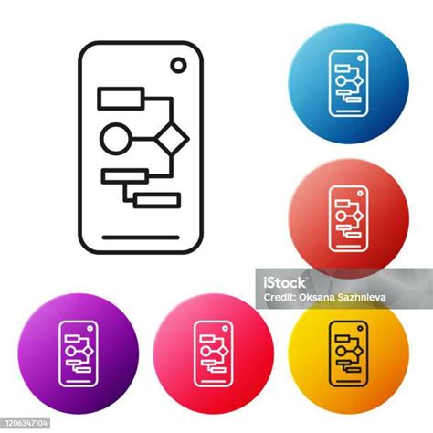 흰색 배경에 격리된 검은색 선 알고리즘 아이콘입니다 인공 지능 컬렉션에서 알고리즘 기호 디자인 아이콘 다채로운 원 버튼을 설정합니다 벡터 일러스트레이션 0명에 대한 스톡