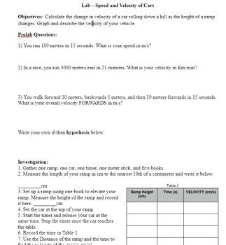 LAB Integrated Physics Chem Physics Speed Velocity Of Cars Lab