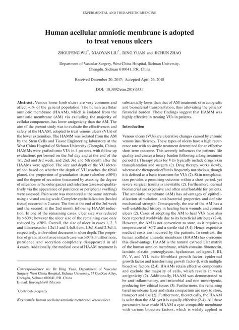 Pdf Human Acellular Amniotic Membrane Is Adopted To Treat Venous Ulcers
